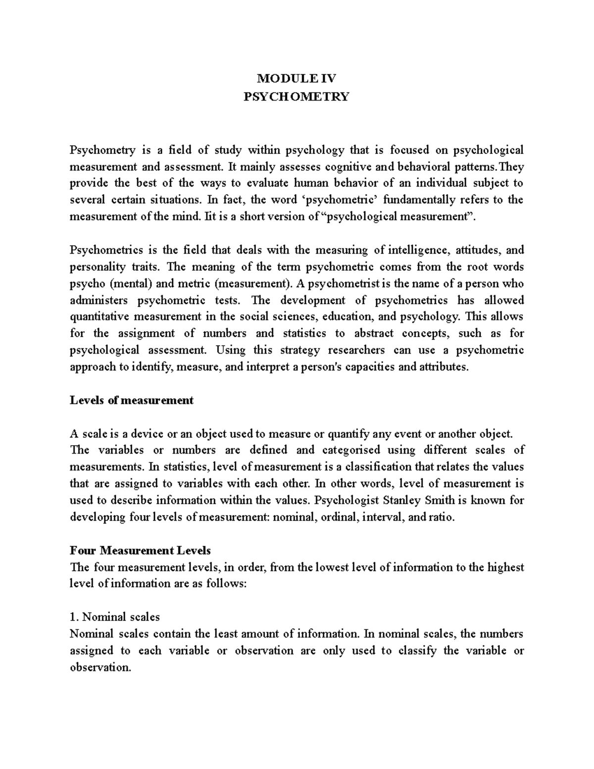 MODULE IV PSYCHOMETRY: Understanding Measurement in Psychology - Studocu