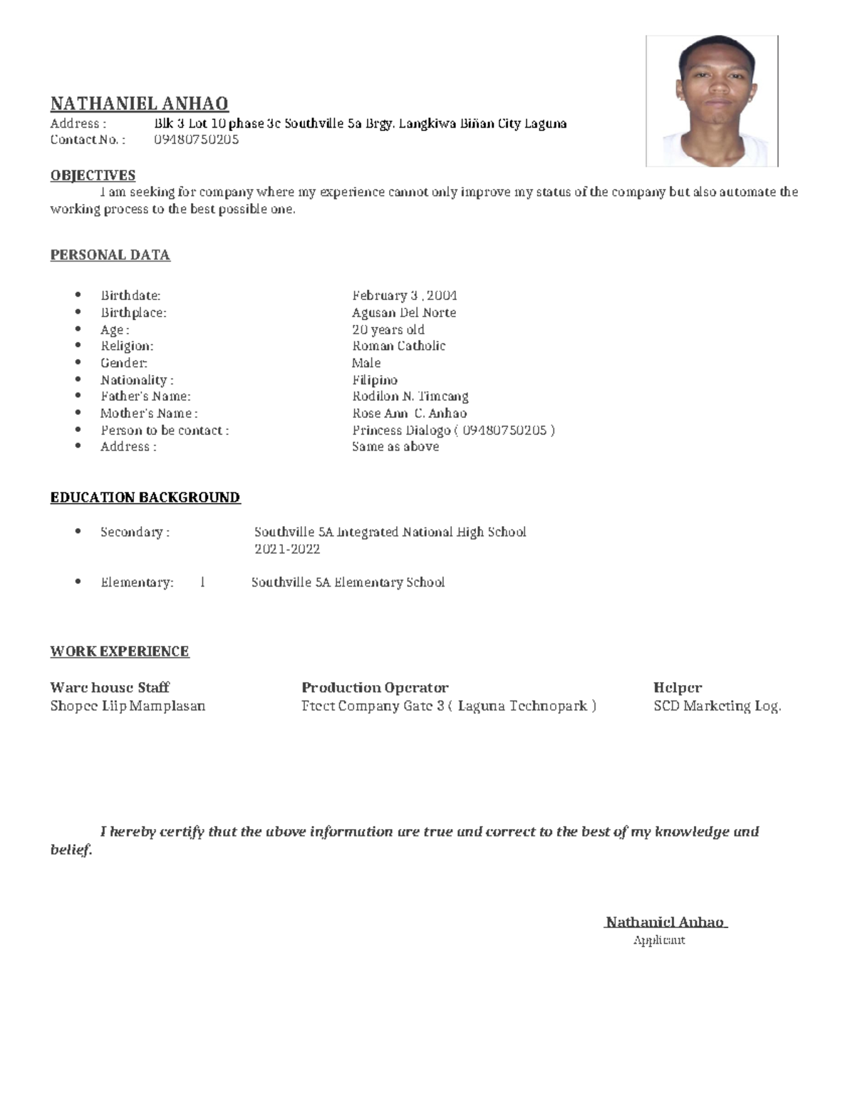 filipino 1 ni bonga - NATHANIEL ANHAO Address : Blk 3 Lot 10 phase 3c ...