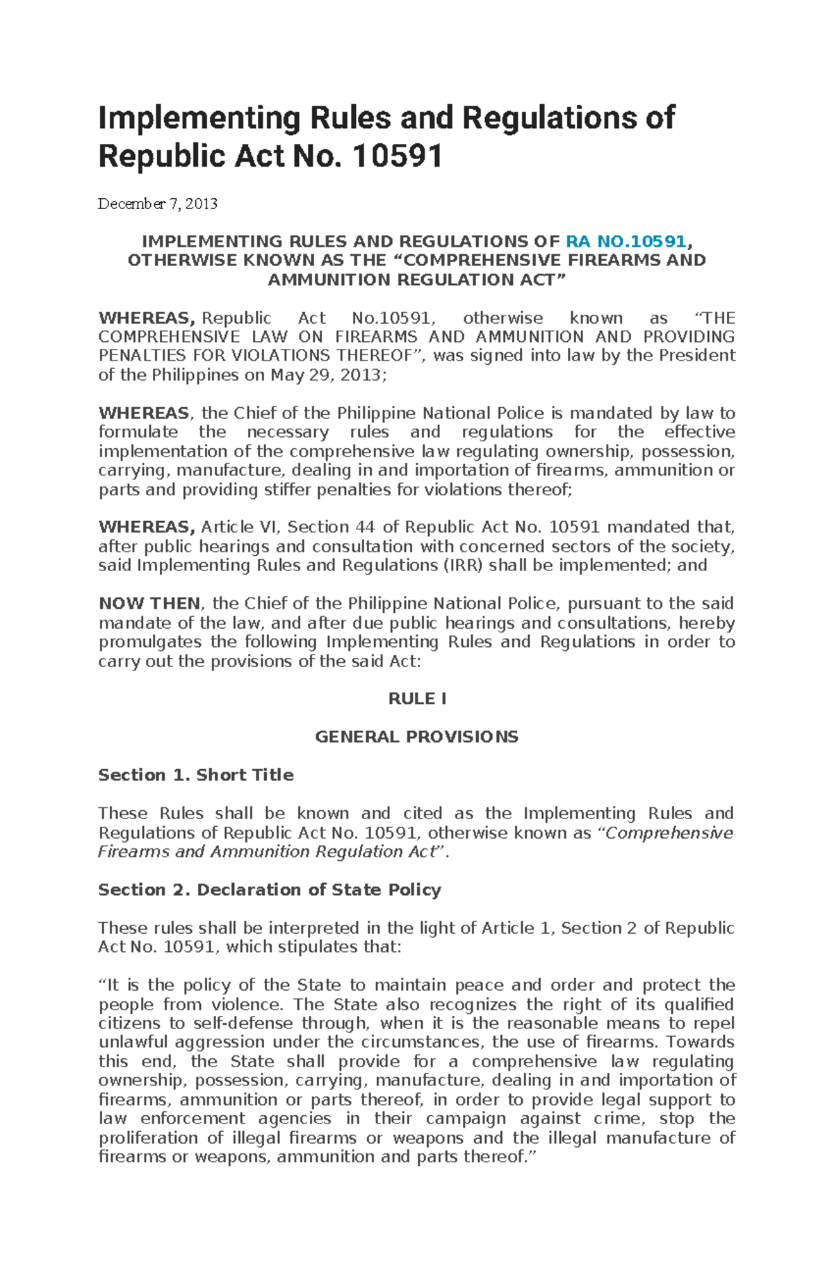 Implementing Rules & Regulations of RA No. 10591 on Firearms - Studocu