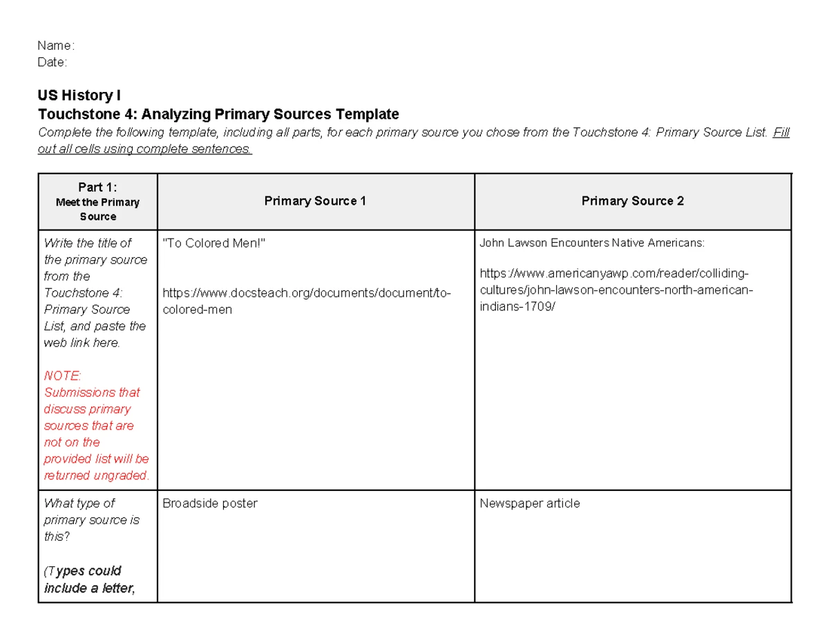 US History I Touchstone 4: Analyzing Primary Sources Template - Studocu