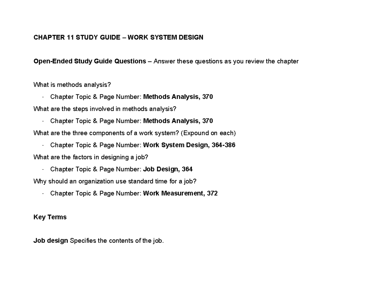 CHAPTER 11 STUDY GUIDE: WORK SYSTEM DESIGN & METHODS ANALYSIS - Studocu