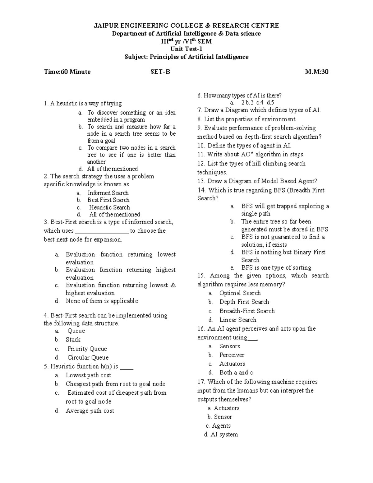 Unit Test 2 - Principles of AI (AI 203) Worksheet SET-B - Studocu