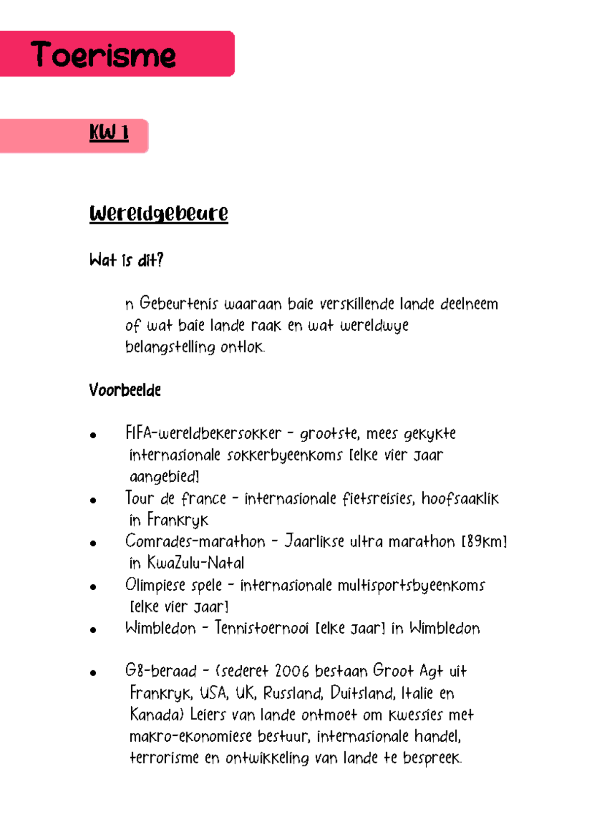 Toerisme KW 1: Wereldgebeurtenisse en Toerisme in Graad 12 - Studocu