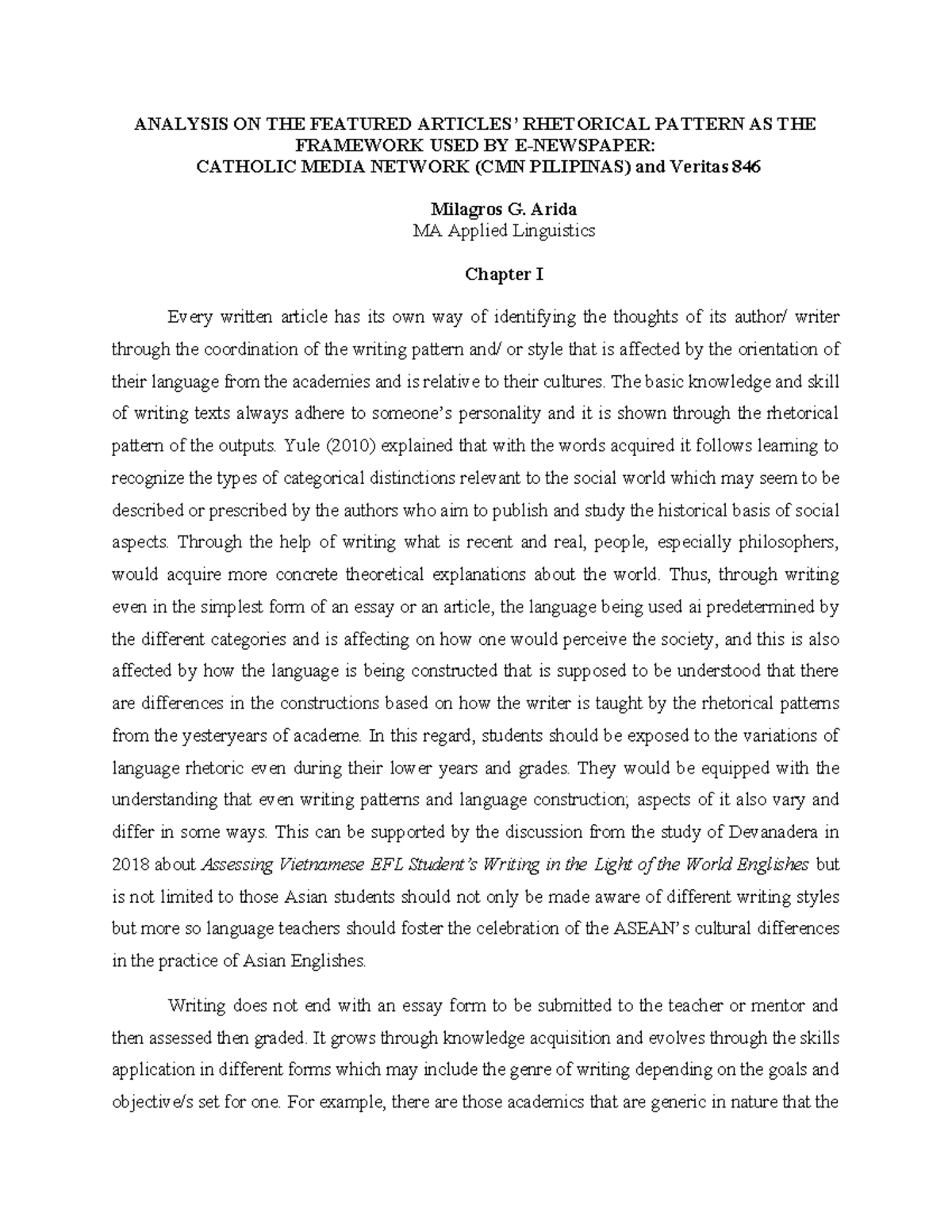Analysis of Rhetorical Patterns in CMN Pilipinas & Veritas 846 Articles ...