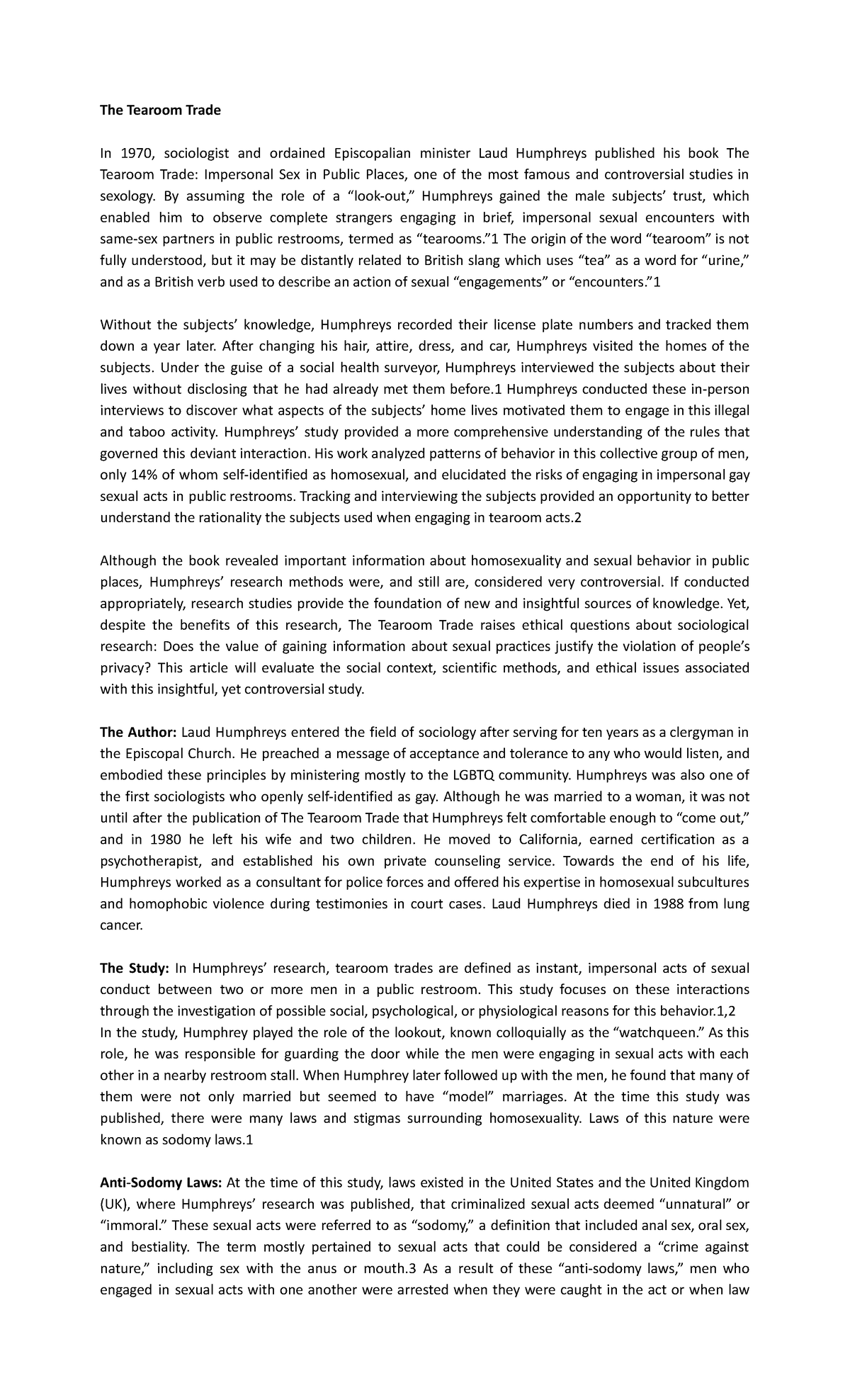 The Tearoom Trade: Analyzing Ethics in Laud Humphreys' Controversial ...