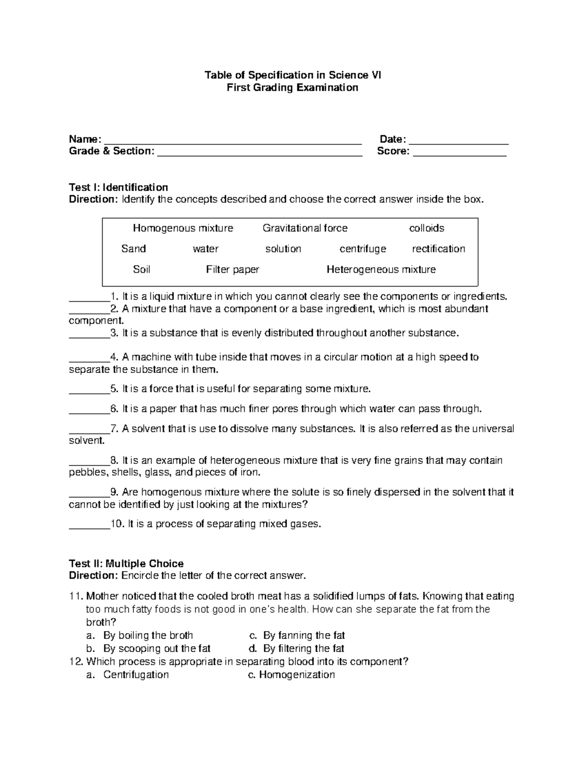 Science Questionnaire - Table of Specification in Science VI First ...