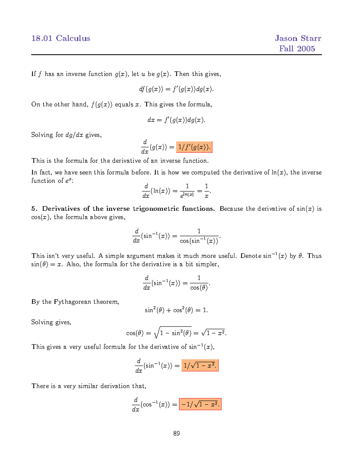 18.01 Calculus Lecture Notes: Derivatives of Inverse Functions - Studocu