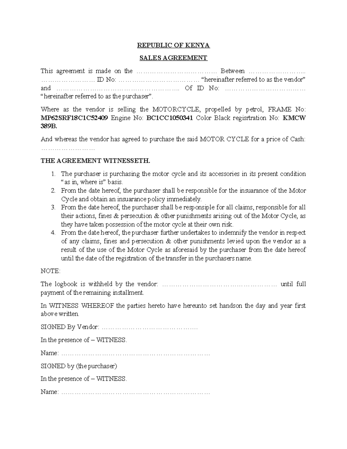 Sales Agreement for Motorcycle in the Republic of Kenya - Studocu