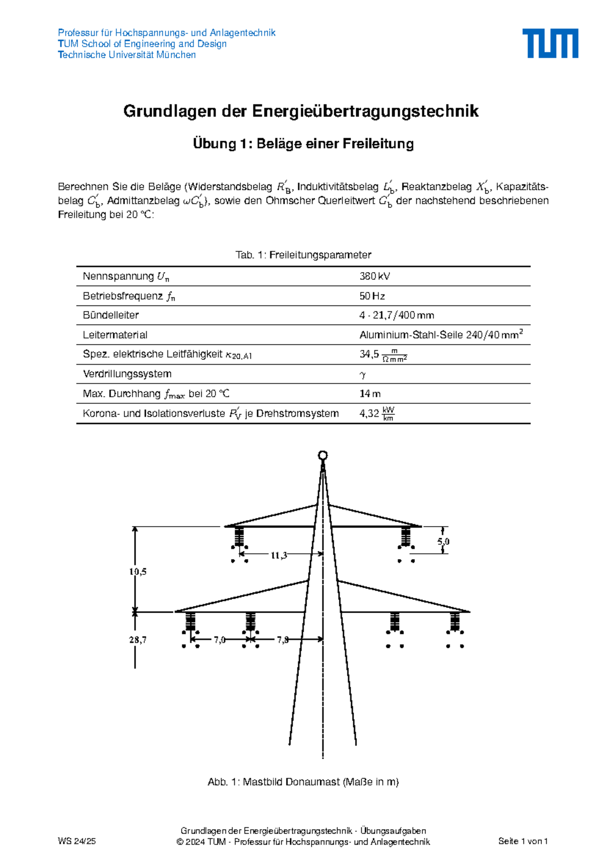 GEUe T WS24-25 Übung 1: Freileitungsbeläge und Berechnungen - Studocu