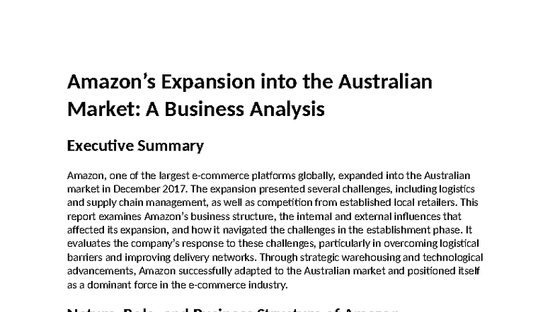 Business AAA: Amazon's Expansion into the Australian Market Analysis ...