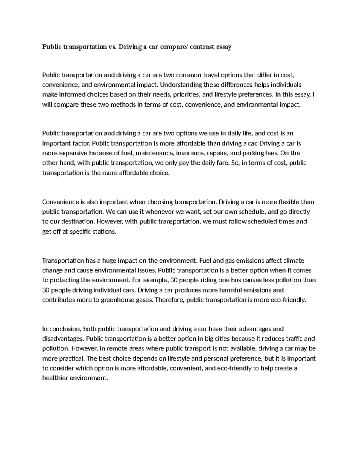 Compare and Contrast Essay: Public Transportation vs. Driving - Studocu