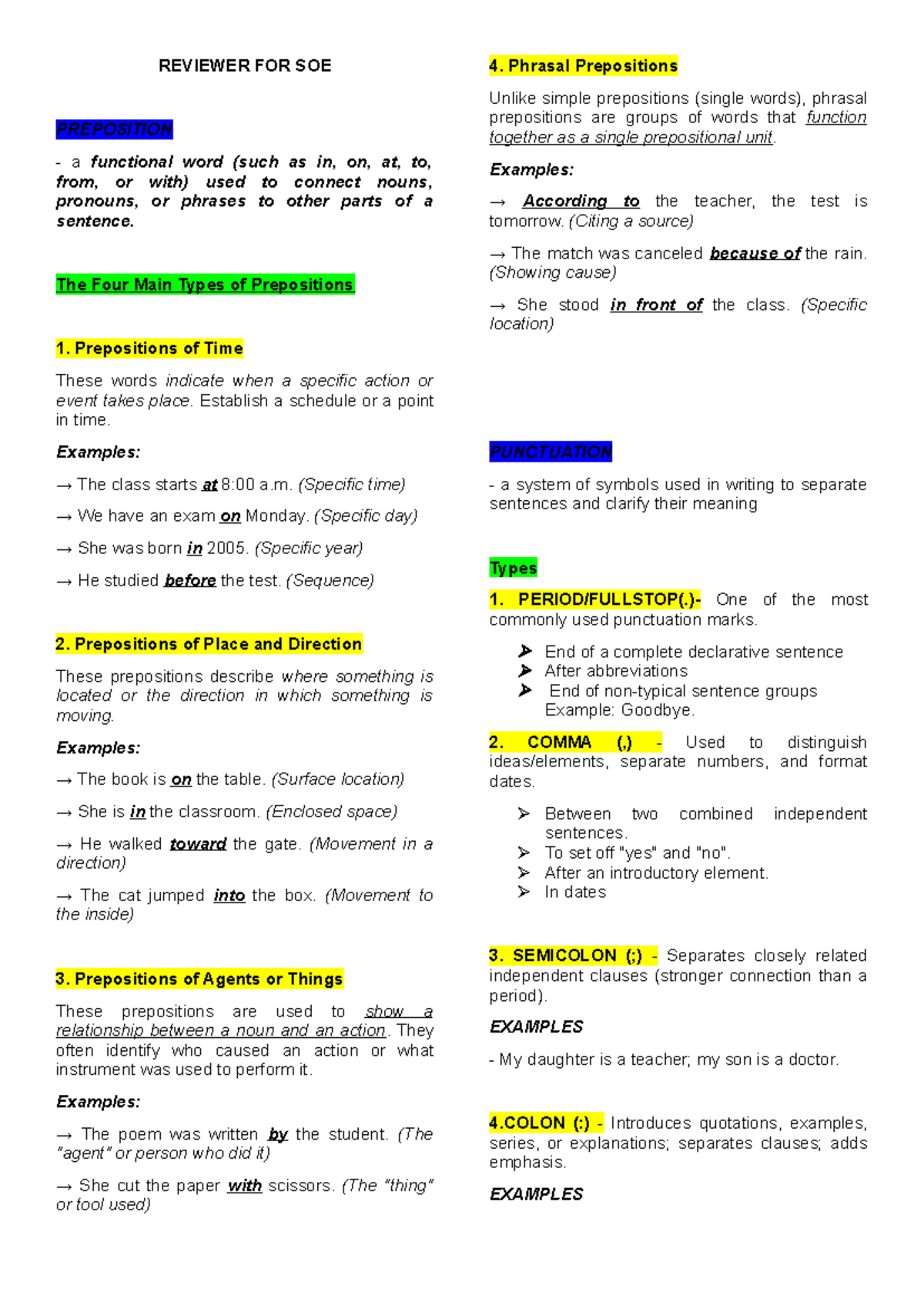 REVIEWER FOR SOE: PREPOSITIONS AND PUNCTUATION GUIDE - Studocu