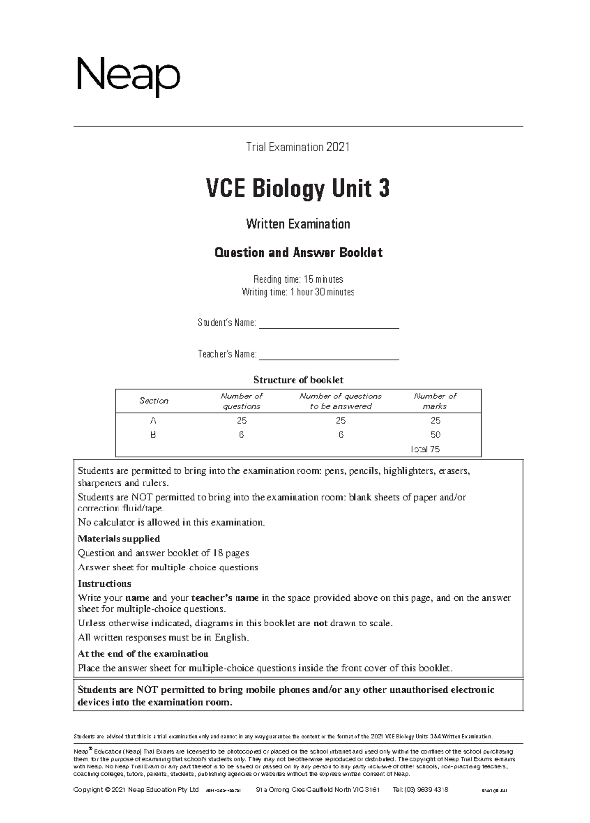 VCE Biology Unit 3 Question and Answer Booklet 2021 - Trial Examination ...