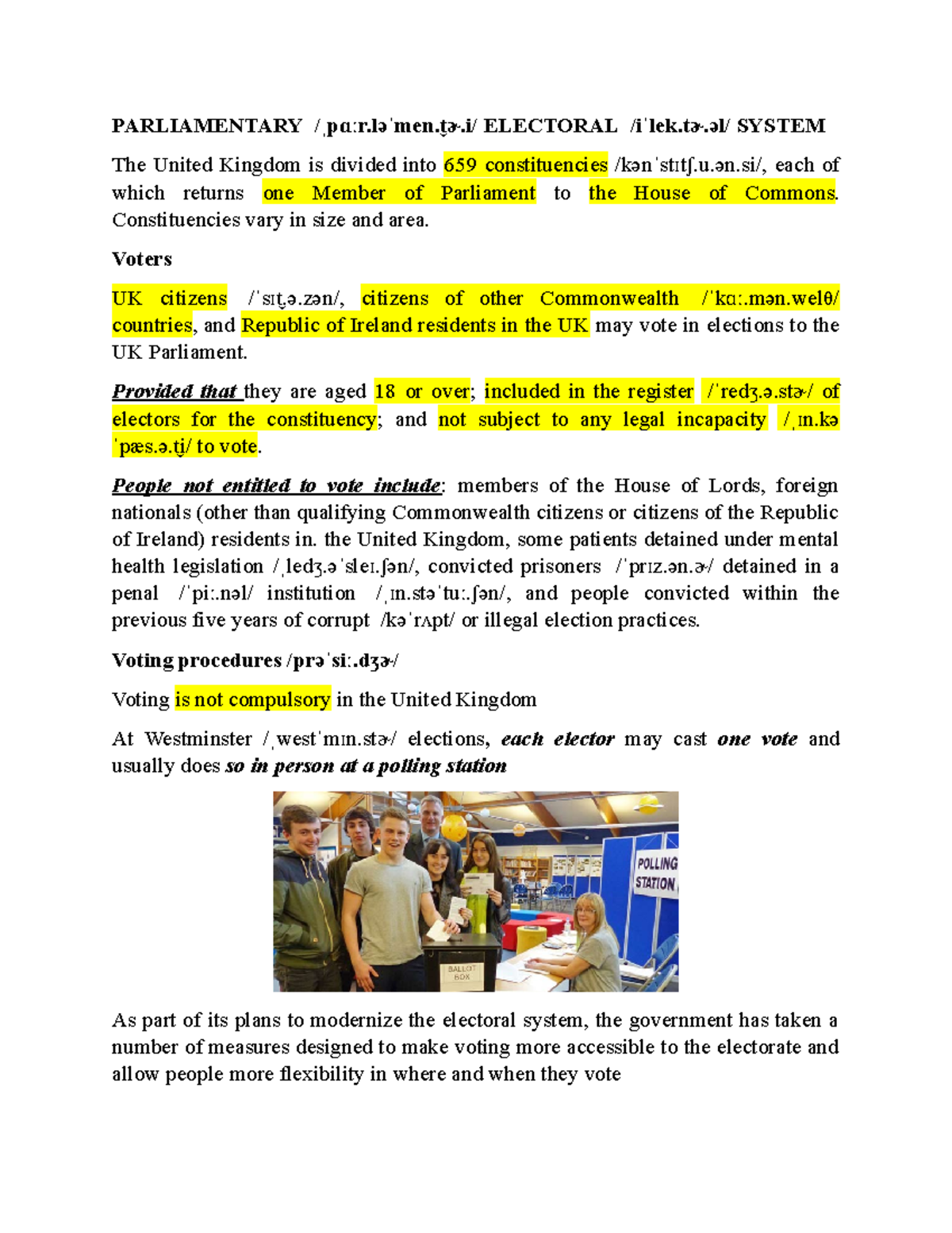 UK Parliamentary Electoral System Overview and Voting Procedures - Studocu