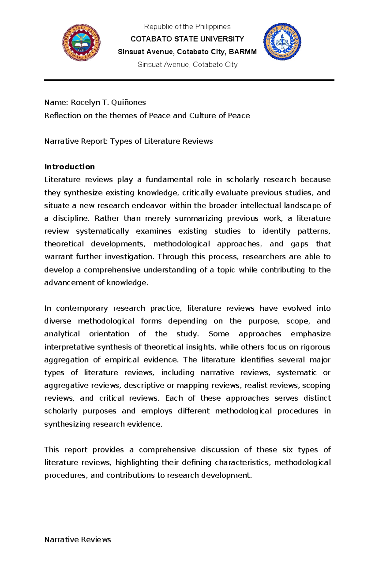 Narrative Report on Peace Education: Types of Literature Reviews - Studocu