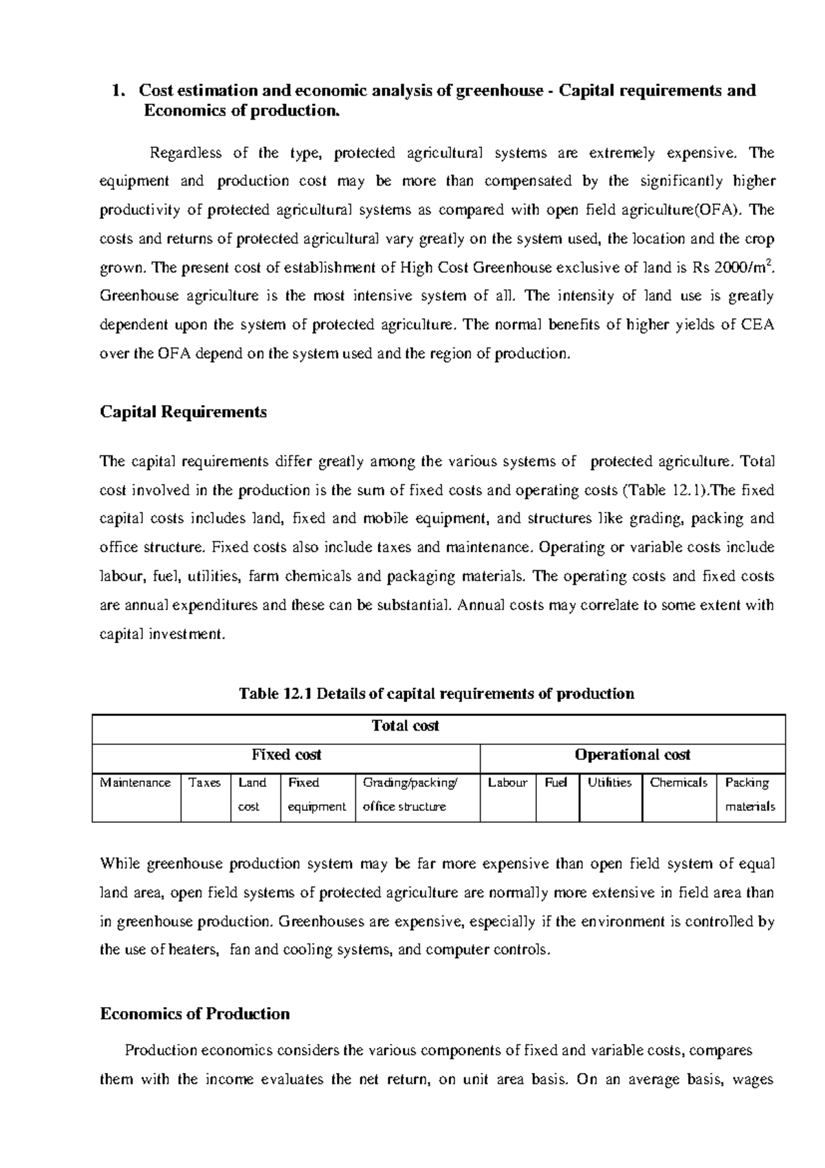 Cost Estimation & Economic Analysis of Greenhouse Production - Studocu