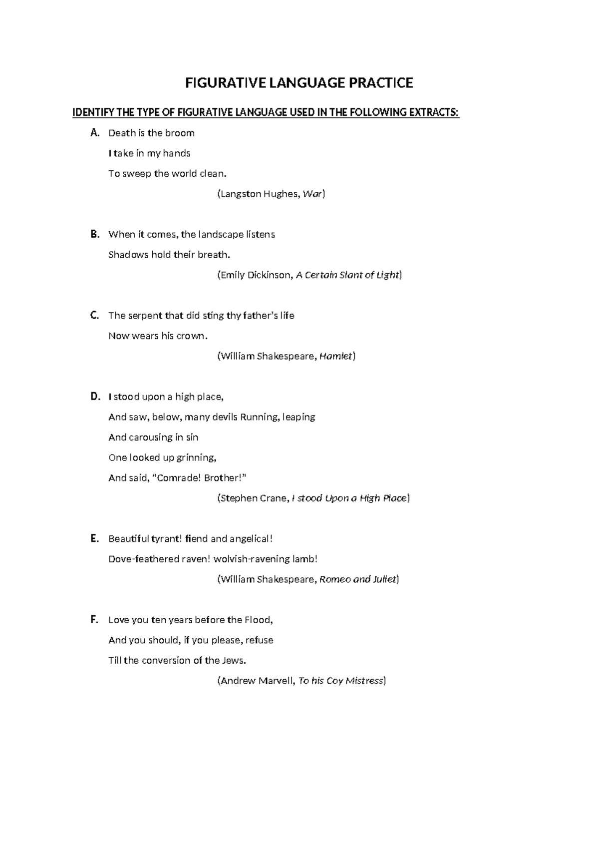 Figurative Language Practice Exercises and Analysis - Studocu