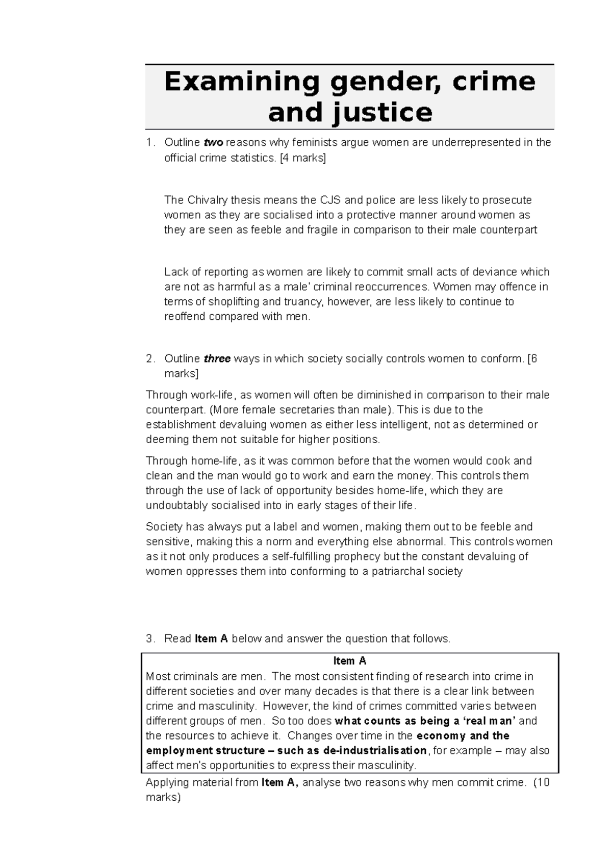Examining gender crime mock paper - Examining gender, crime and justice ...
