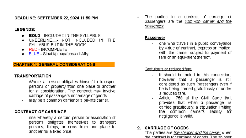 Transportation Law Notes (Transpo 3C) - Common Carriers & Contracts ...