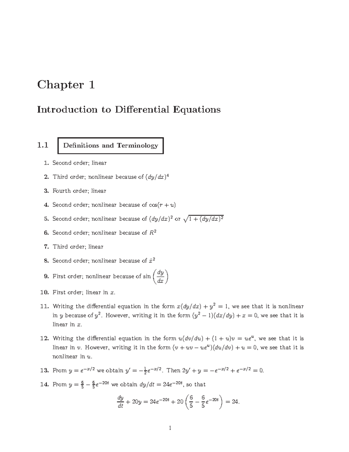 Sample Solutions for Advanced Engineering Math 7th Ed, Ch 1: DEs - Studocu