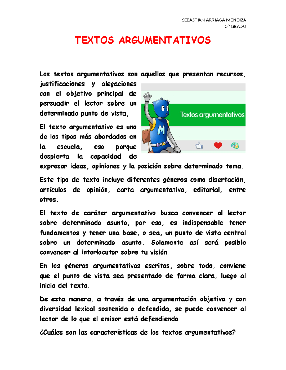 Textos Argumentativos para 5° Grado: Estructura y Ejemplos Clave - Studocu