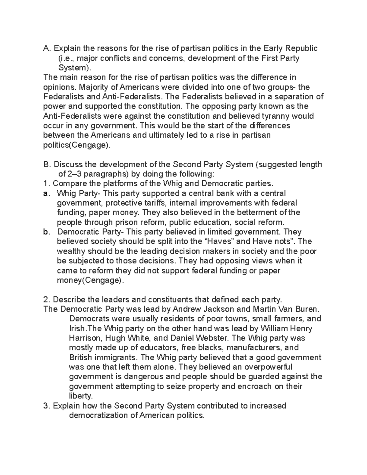 US History Task 2 - A. Explain the reasons for the rise of partisan ...