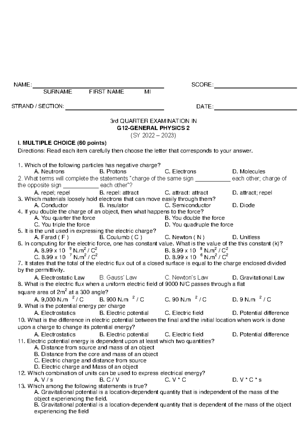 Q3 Physics Periodical Test: Comprehensive Exam Review - Studocu