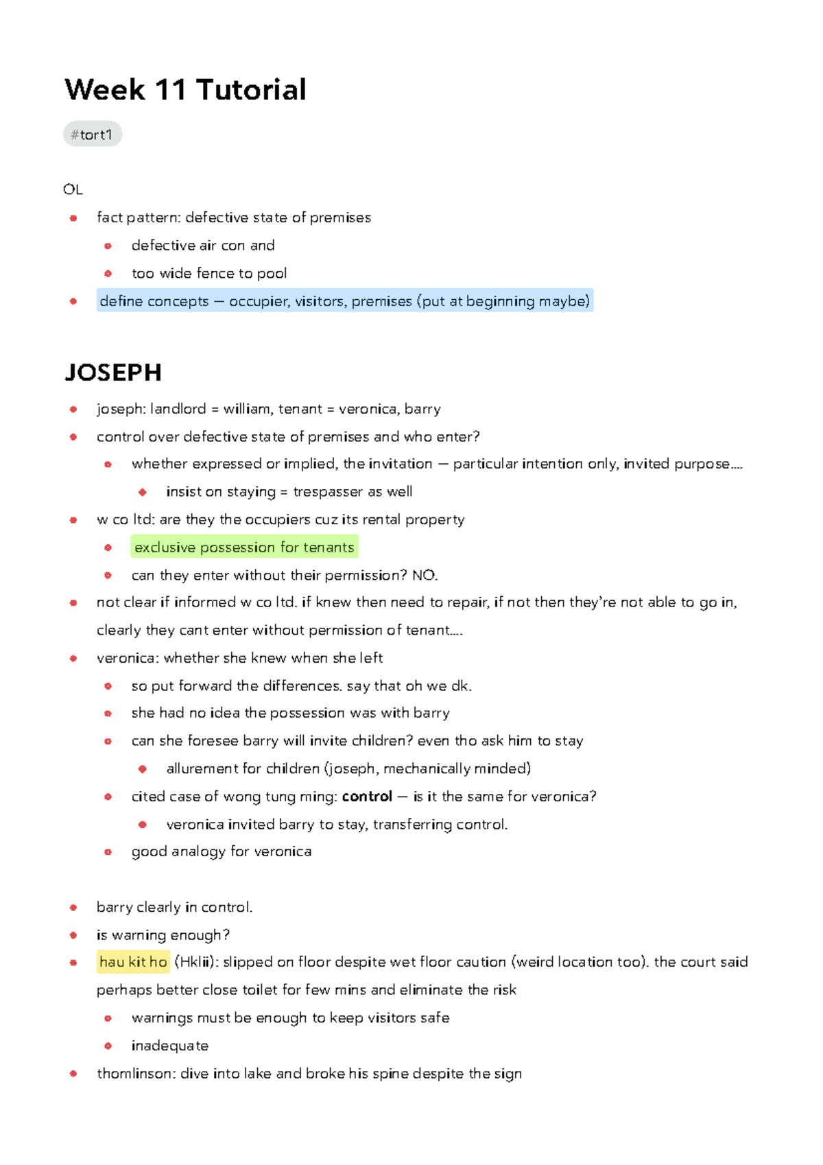 Tort 1 Week 11 - Tutorial Answers on Defective Premises and Occupiers ...