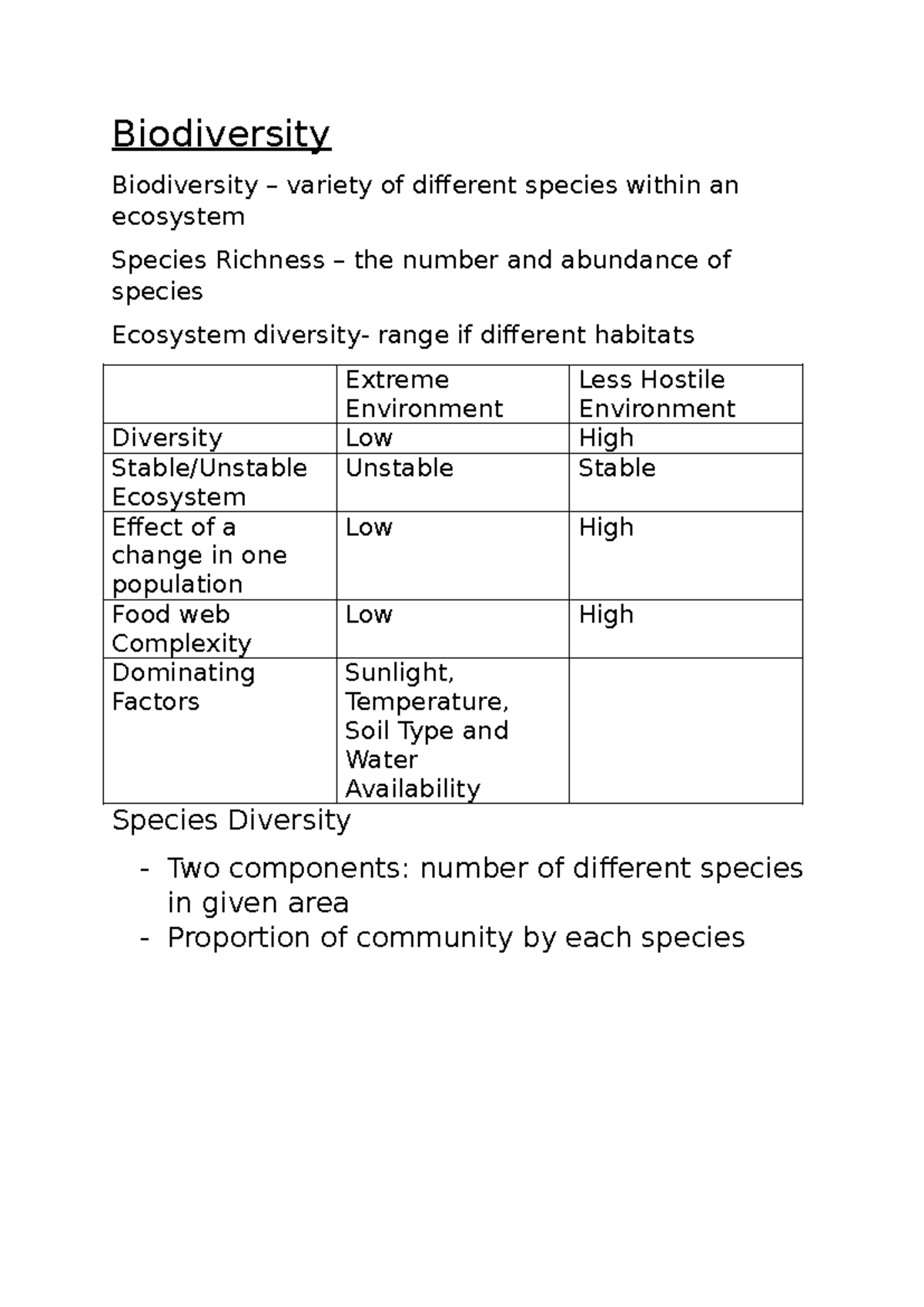 Biodiversity - Notes - Biodiversity Biodiversity – variety of different ...