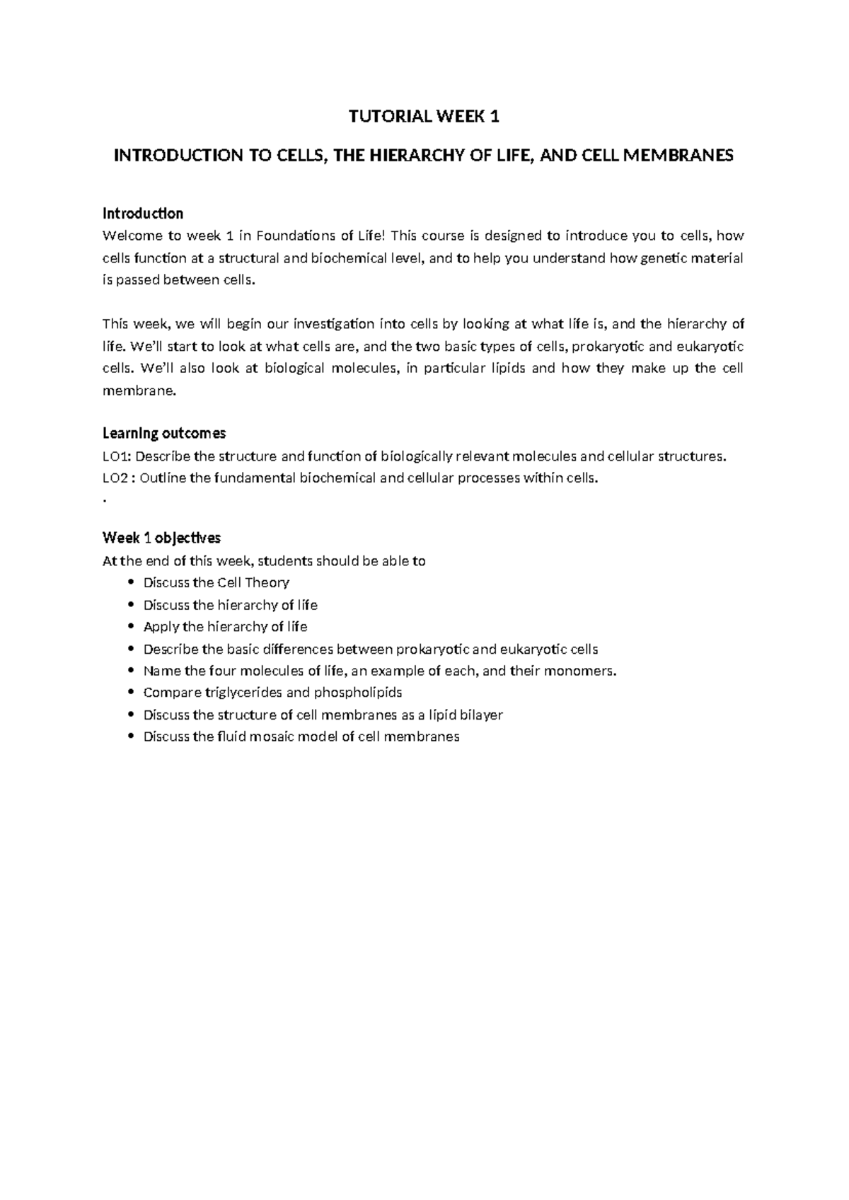 BIOL500 WEEK 1 Tutorial Worksheet - TUTORIAL WEEK 1 INTRODUCTION TO ...