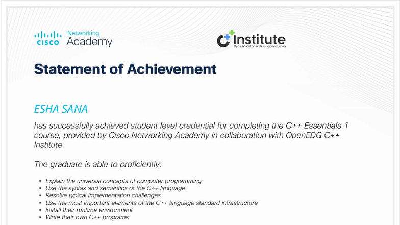 Certificate of Achievement for CS201 - Cisco Networking Essentials 1 ...