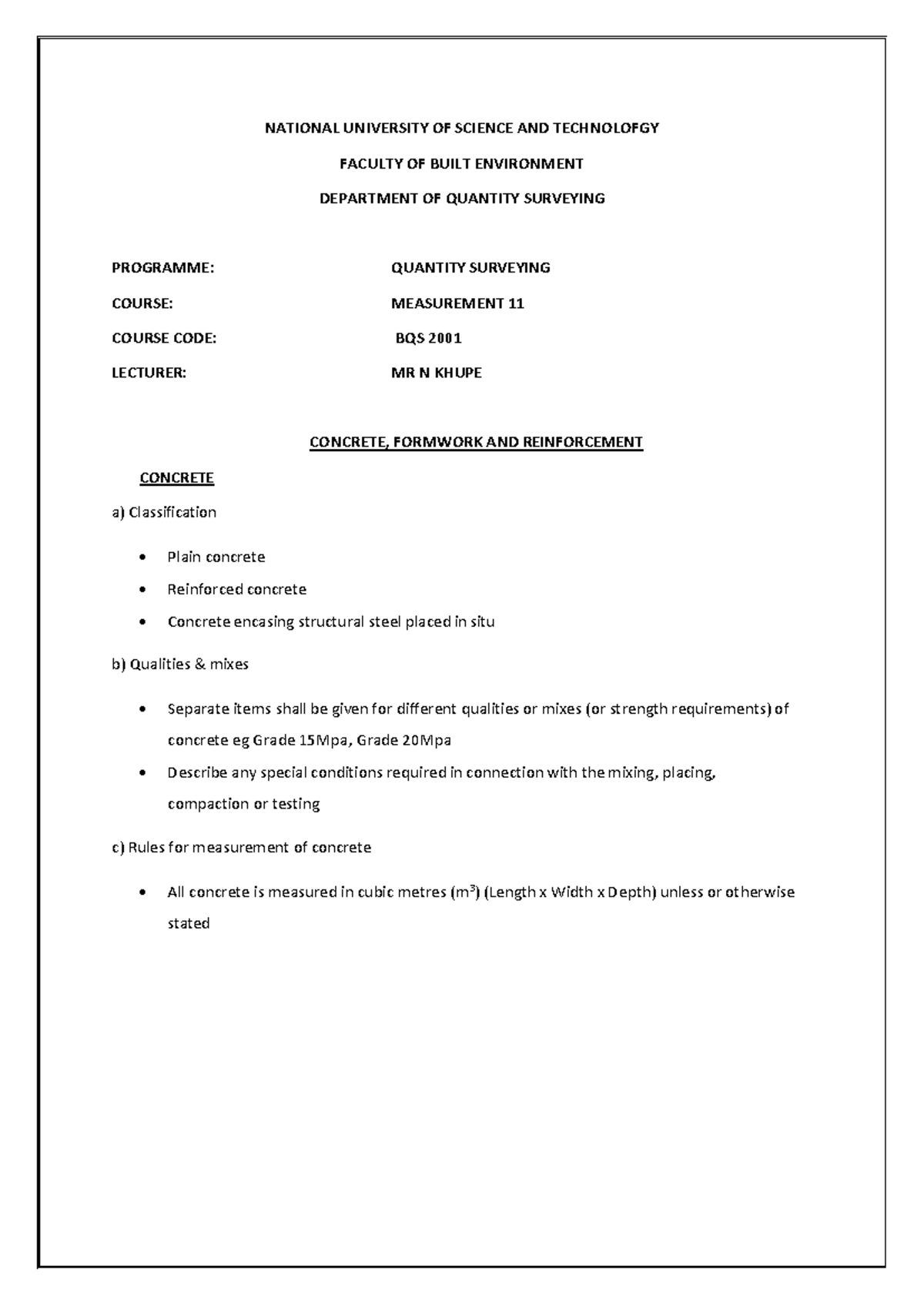 Concrete Frame Measurement 11 BQS 2001: Worked Example - Studocu