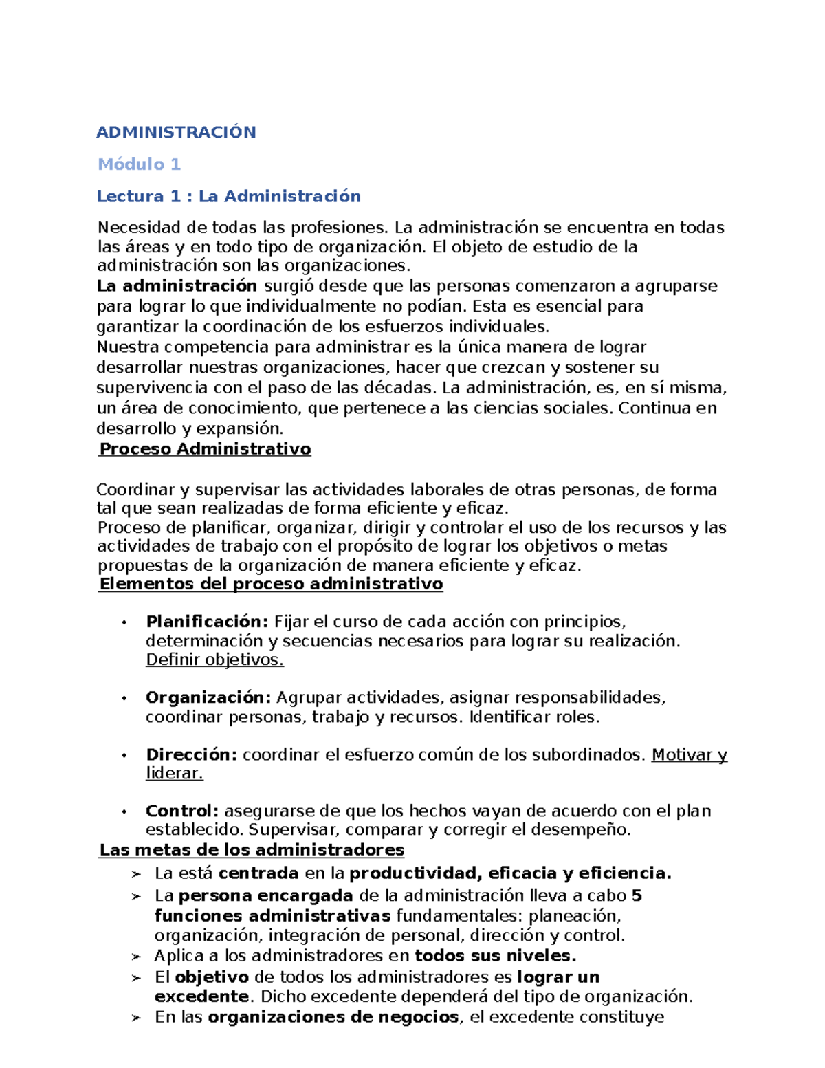 ADMINISTRACIÓN Módulo 1: Resumen de Lecturas sobre la Administración y ...