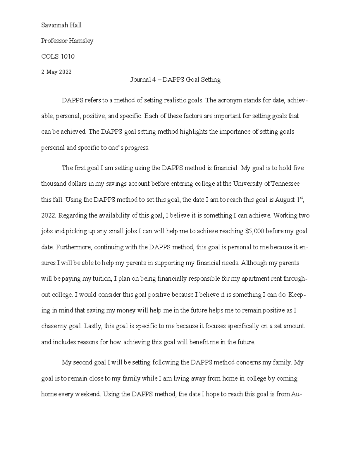 COLS1010_Journal 4: DAPPS Goal Setting Reflection and Insights - Studocu