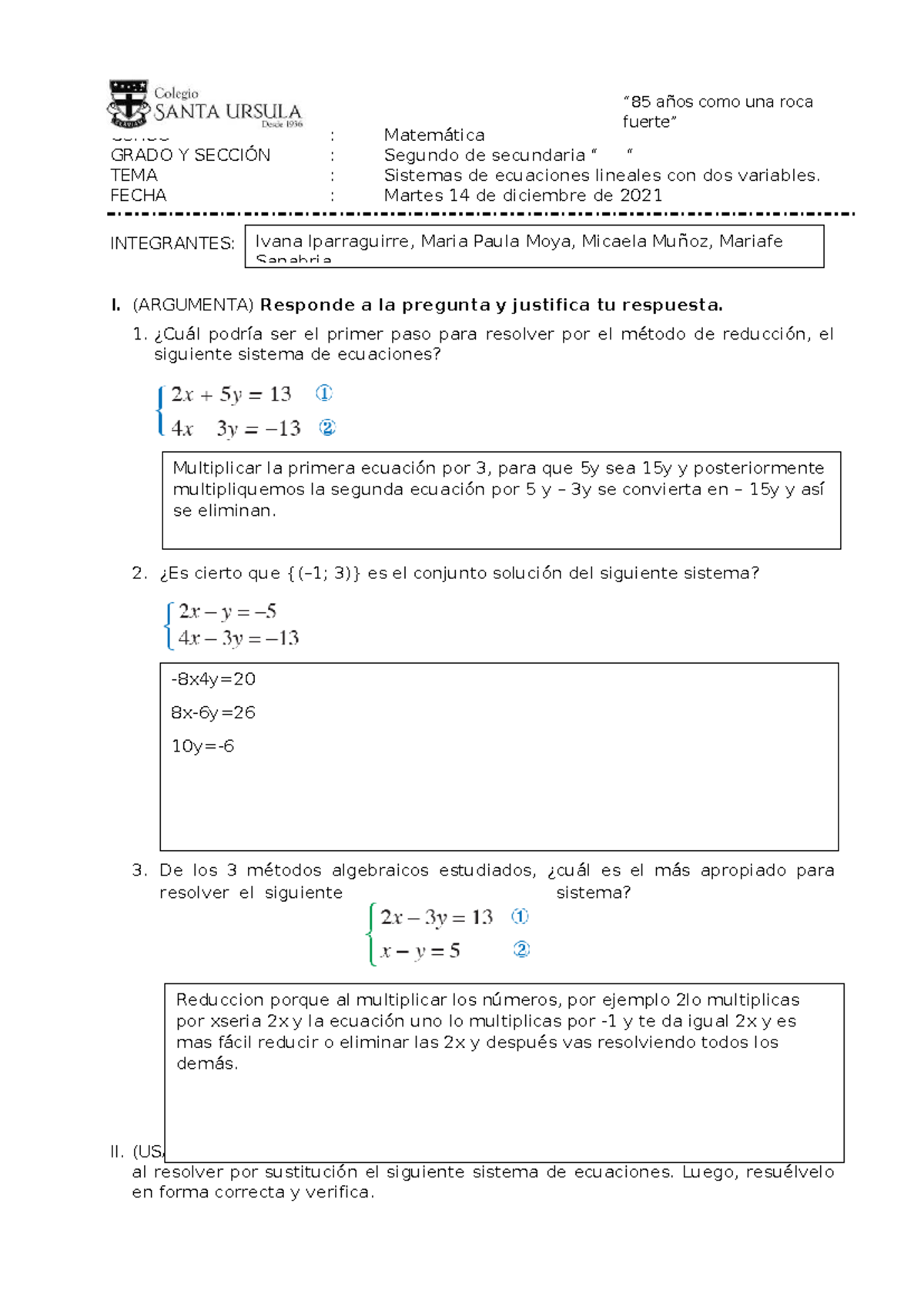 Trabajo Grupal: Sistemas de Ecuaciones Lineales (Matemáticas 2° Sec ...
