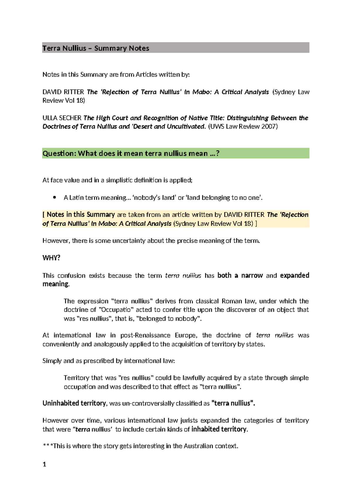 Terra Nullius Notes: A Summary of Key Concepts and Legal Implications ...
