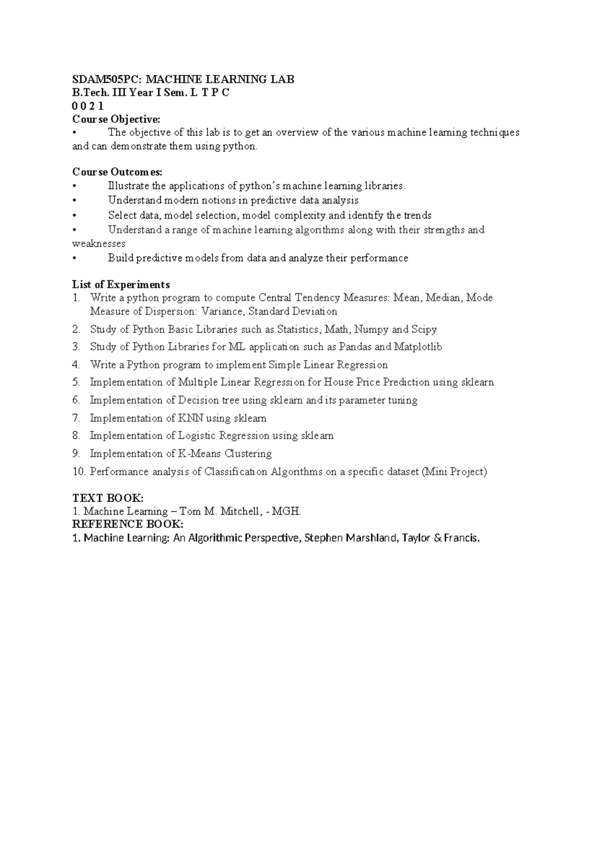 SDAM505PC: Machine Learning Lab Syllabus & Experiments Guide - Studocu
