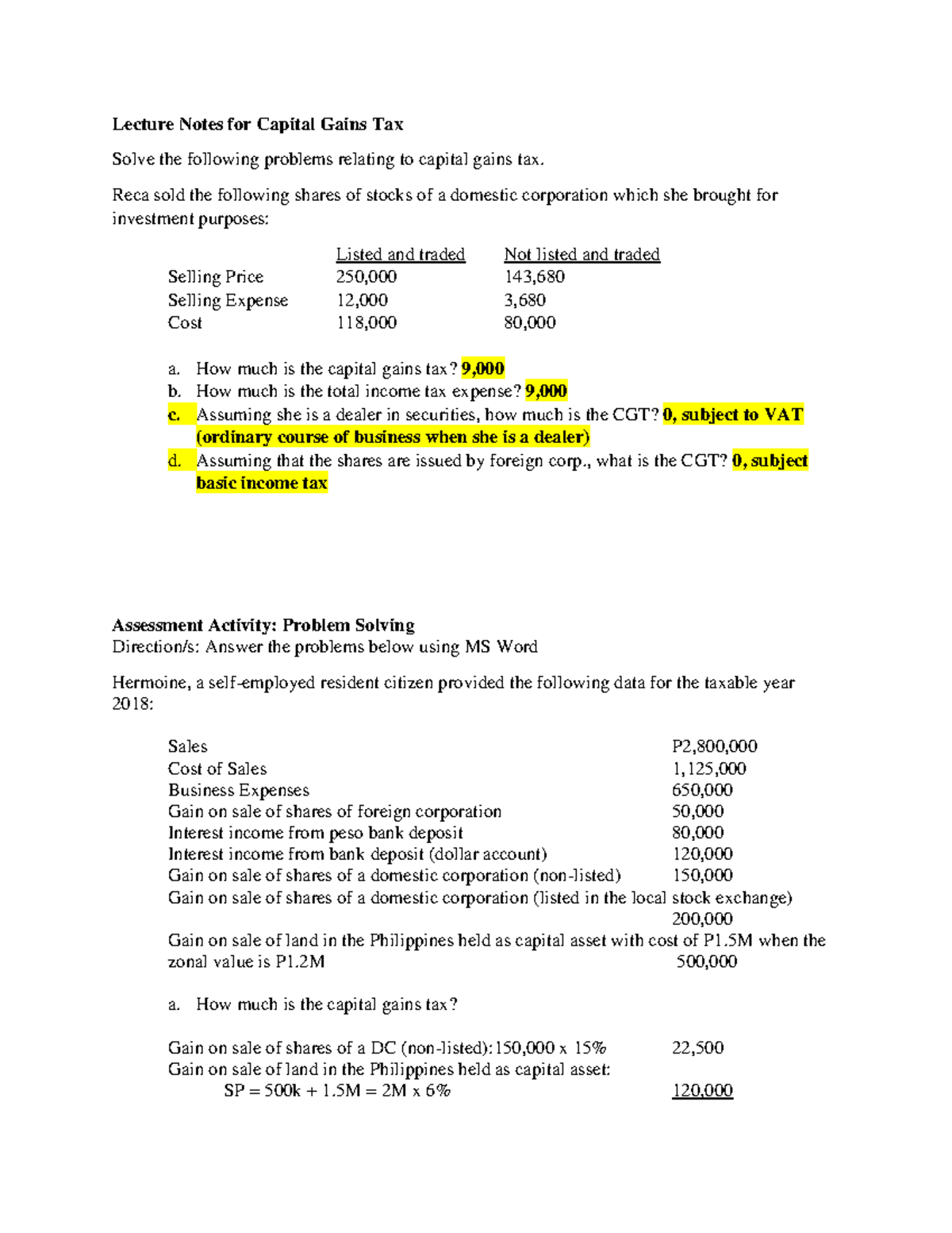 Capital Gains Tax Lecture Notes - Problem Solving Guide - Studocu