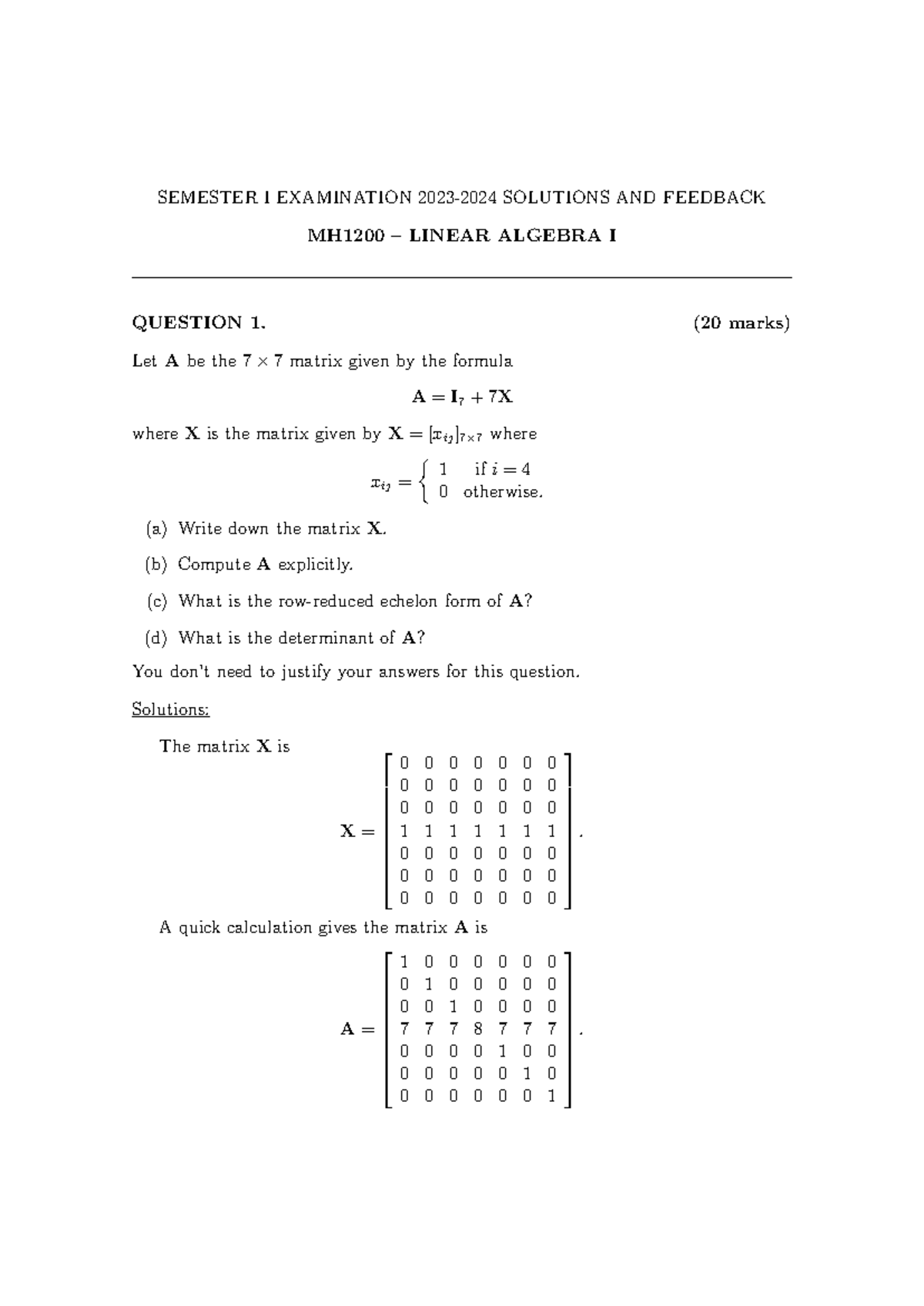 MH1200 Linear Algebra I Semester 1 Final Exam Solutions - Studocu