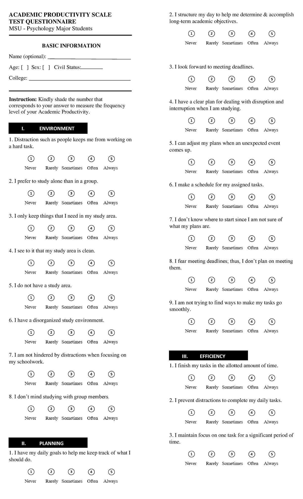 APS Psychology Productivity Questionnaire for Academic Assessment - Studocu