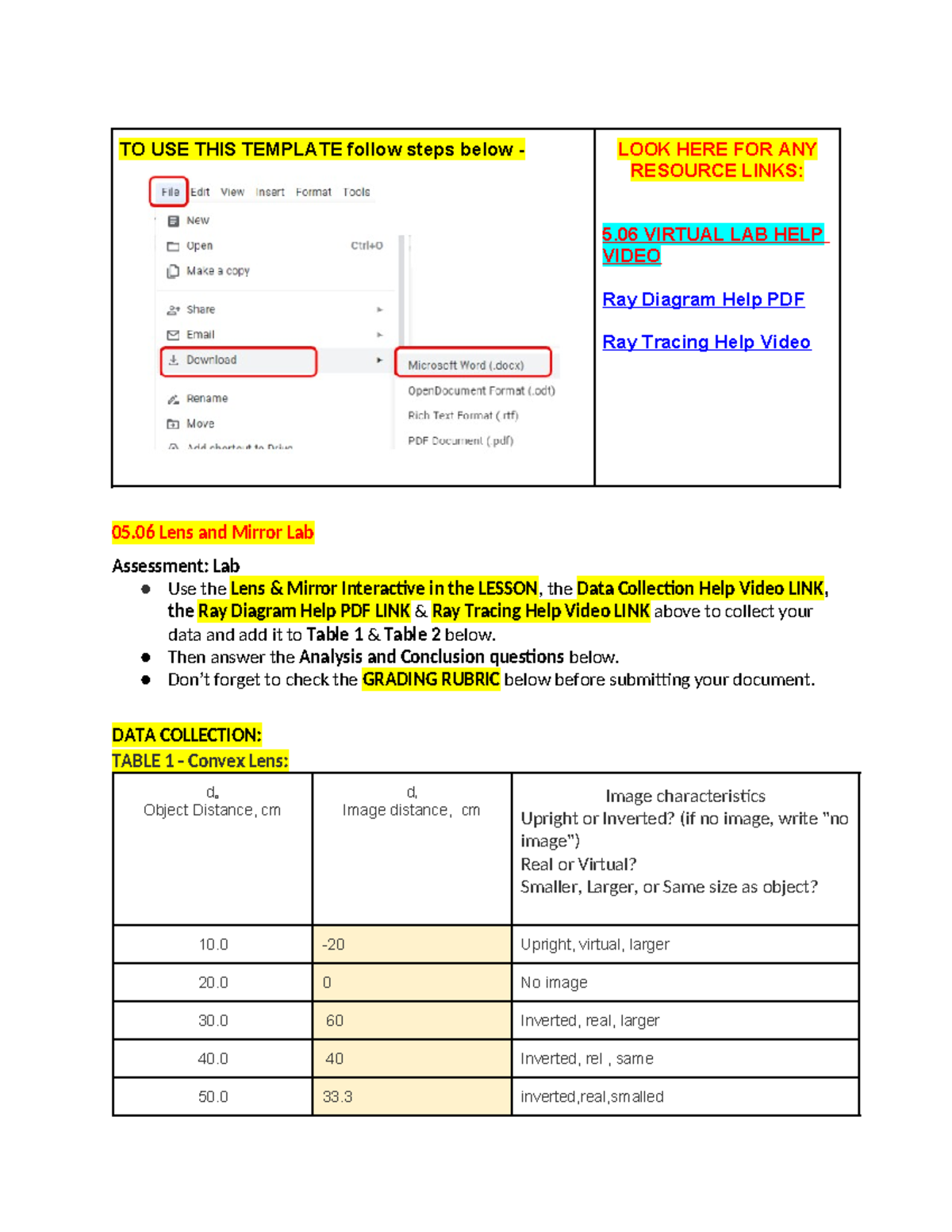 05.06 Lens and Mirror Lab: Data Collection and Analysis Guide - Studocu