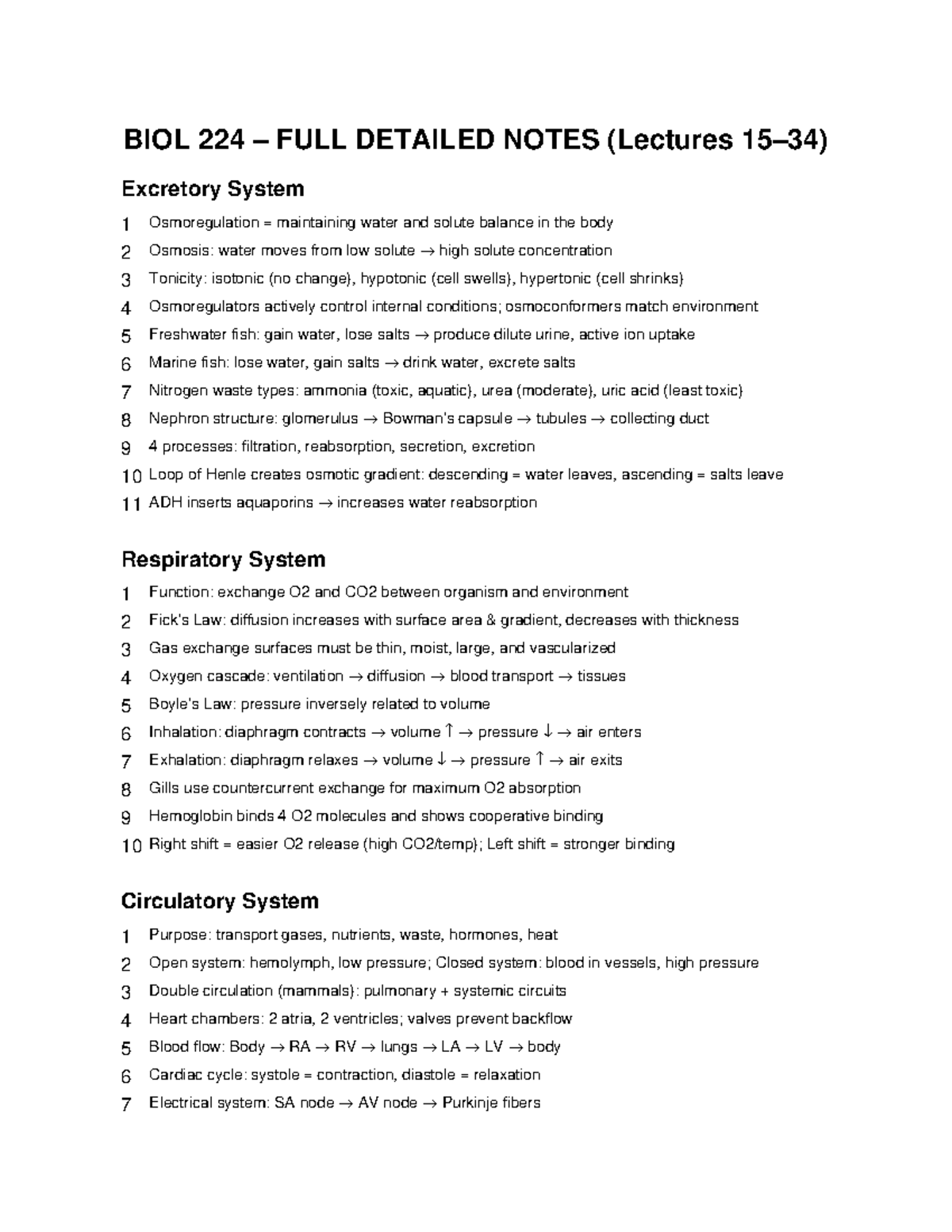 BIOL 224 Detailed Lecture Notes on Excretory, Respiratory, Circulatory ...