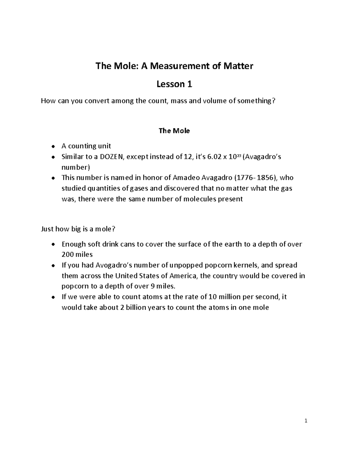 Moles Notes (2023) - Lesson on Measurement of Matter and Conversions ...