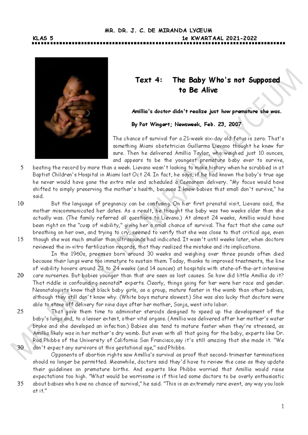 KLAS 5 - 1E KW - TEXT 4: The Baby Who Shouldn't Have Survived - Studocu