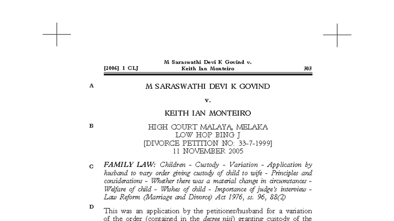 1 CLJ Family Law Case Study: Custody Variation - Saraswathi v. Monteiro ...