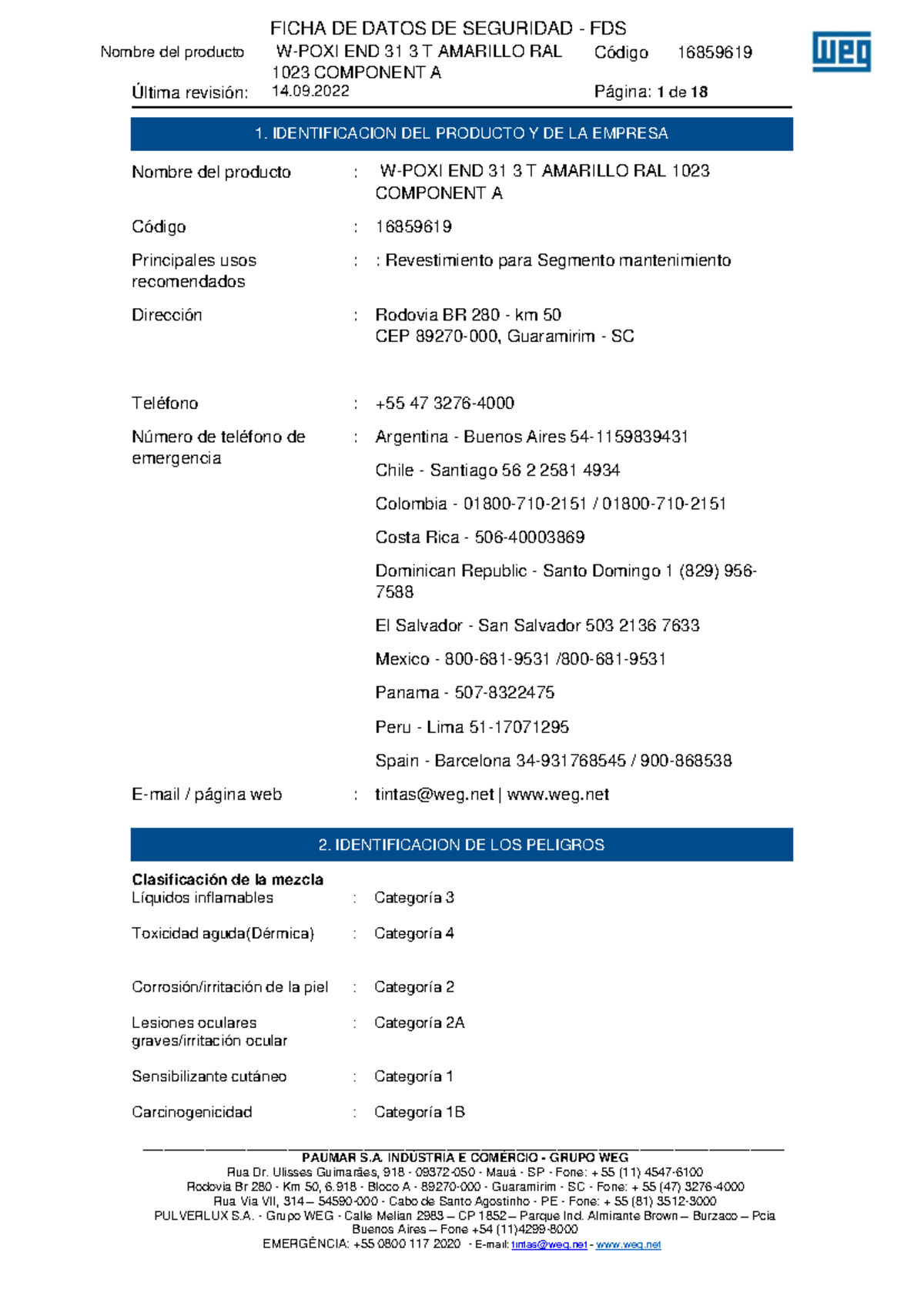FICHA DE DATOS DE SEGURIDAD FDS: PINT Epoxica Wegpoxi WET RAL 1023-A ...