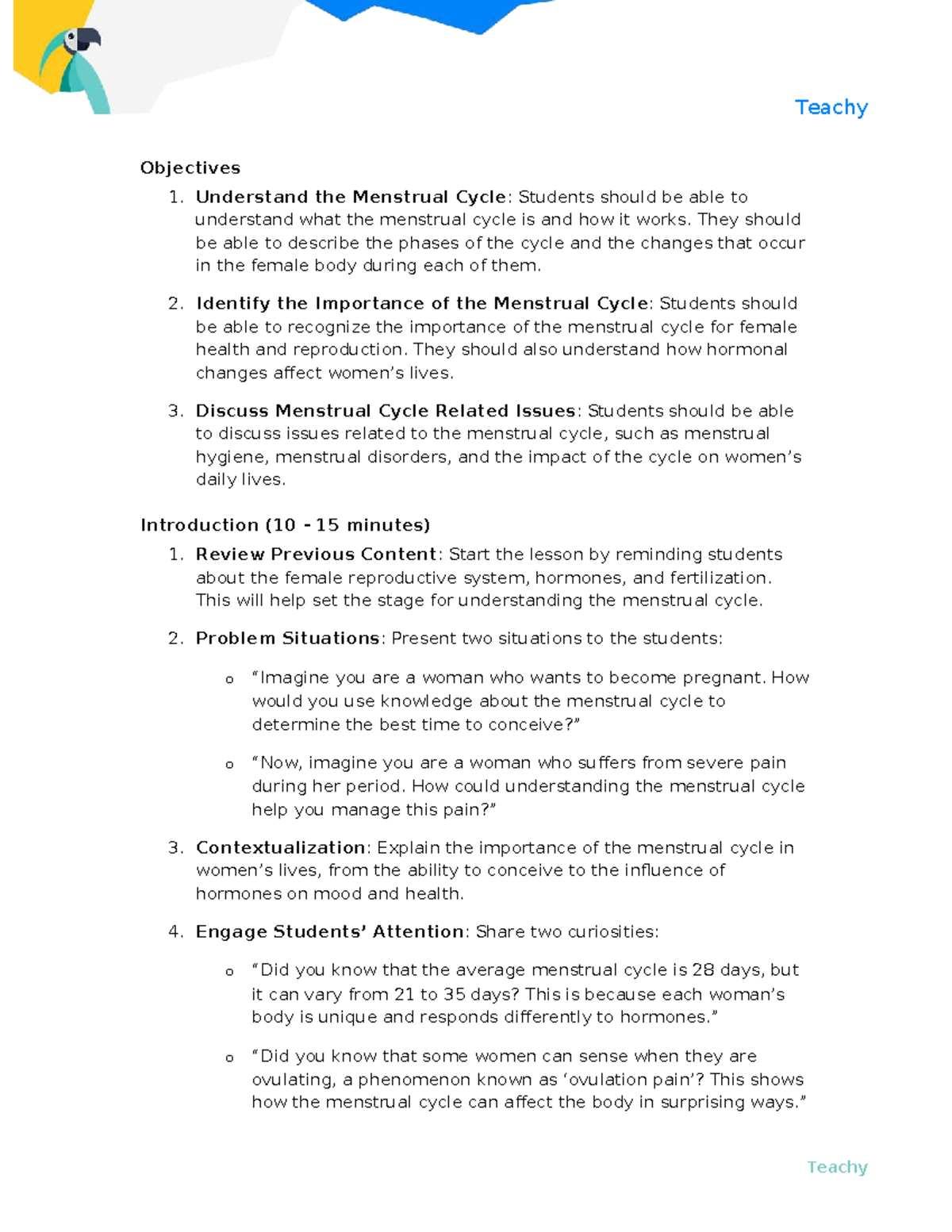 Menstrual Cycle Understanding: Lesson Plan for 5 5 2025 - Studocu