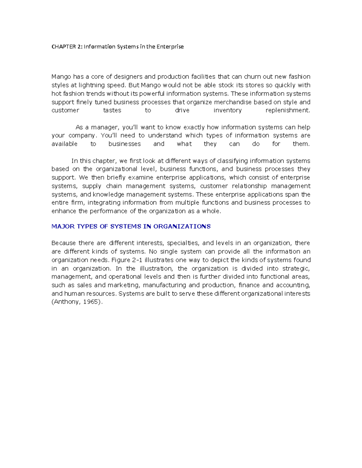 [ Lecture] MIS Chapter 2 Discussion - CHAPTER 2: Information Systems in the Enterprise Mango has ...