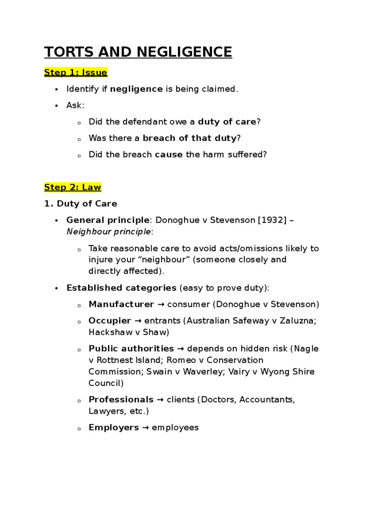 TORTS AND NEGLIGENCE: Lecture Summary Notes on Duty of Care and Breach ...
