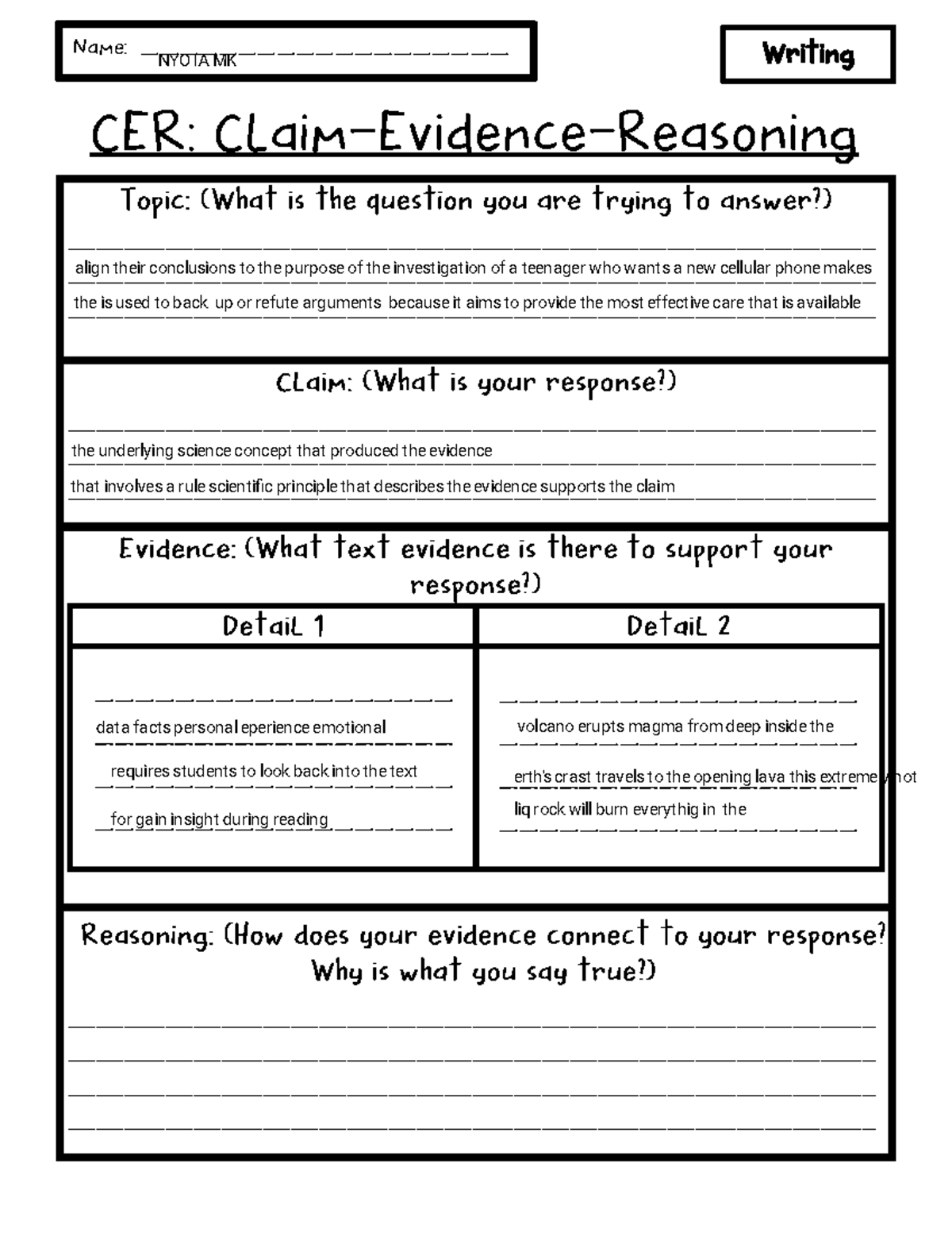CER Claim Evidence Reasoning Writing Strategy Graphic Organizer - Studocu
